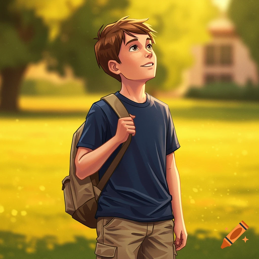 Illustration of a young boy with a backpack looking up in a park ...