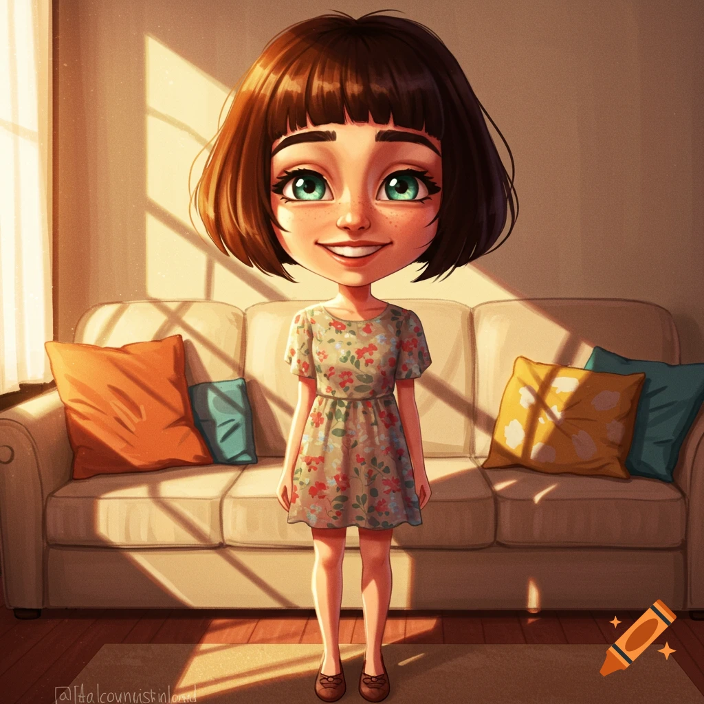 A cartoon girl with pigtails and a pink dress smiles broadly in a ...