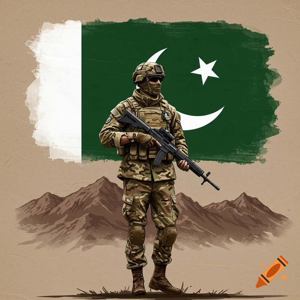 A soldier stands with a rifle in front of the Pakistan flag and ...