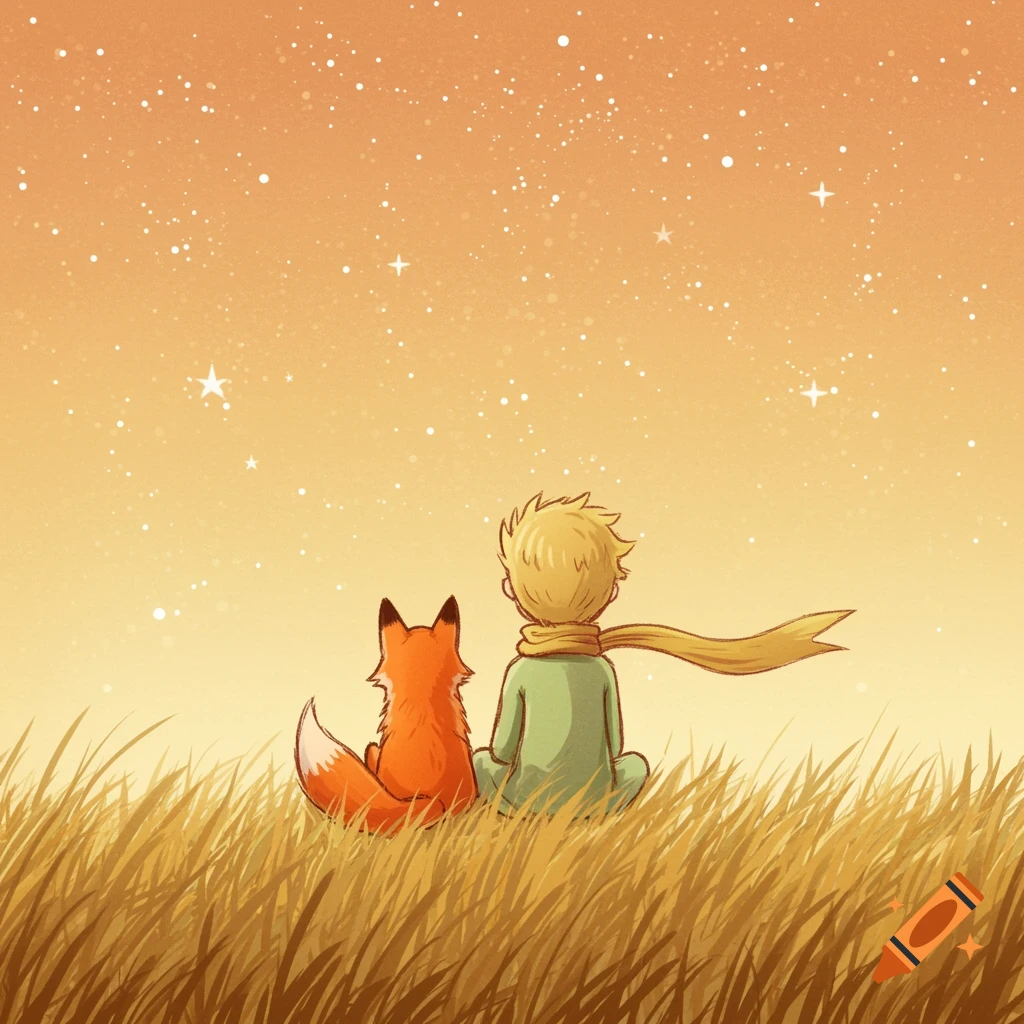 Concept art of The Little Prince and the Fox watching the stars, warm ...