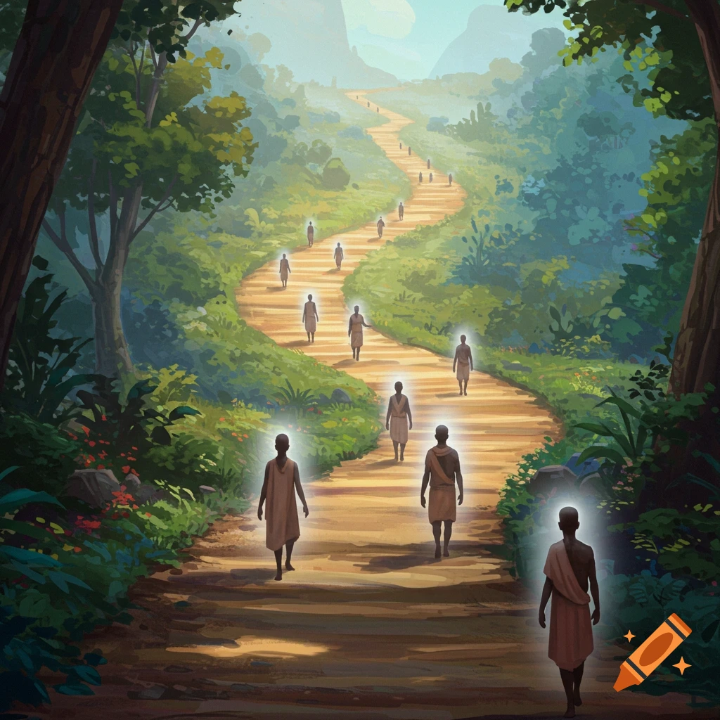 Uphill dirt road with people walking and white aura on Craiyon