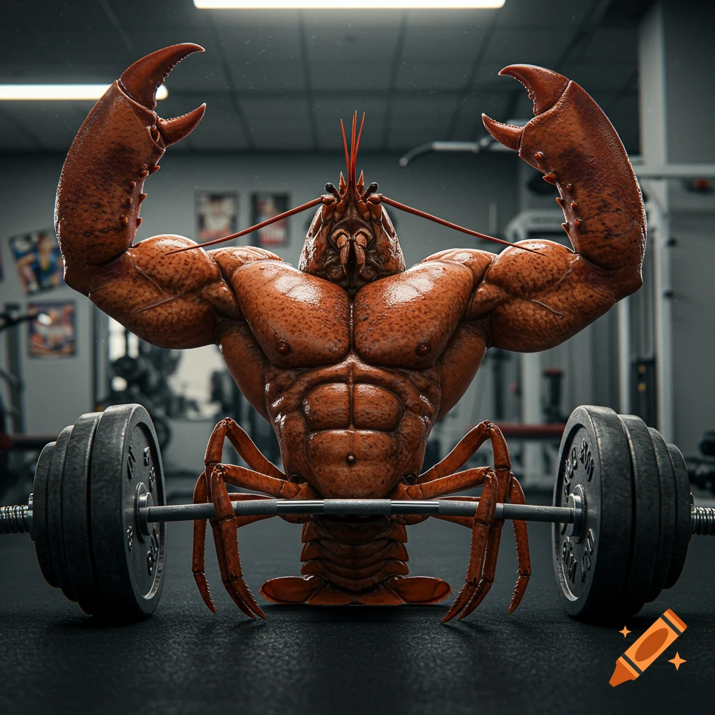 Bodybuilding lobster holding barbell for Rock City Gym on Craiyon