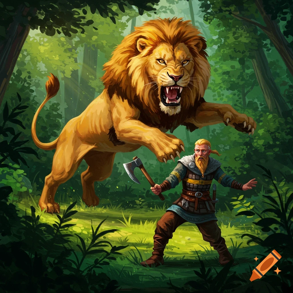 A lion attacking a man with an axe in a forest on Craiyon