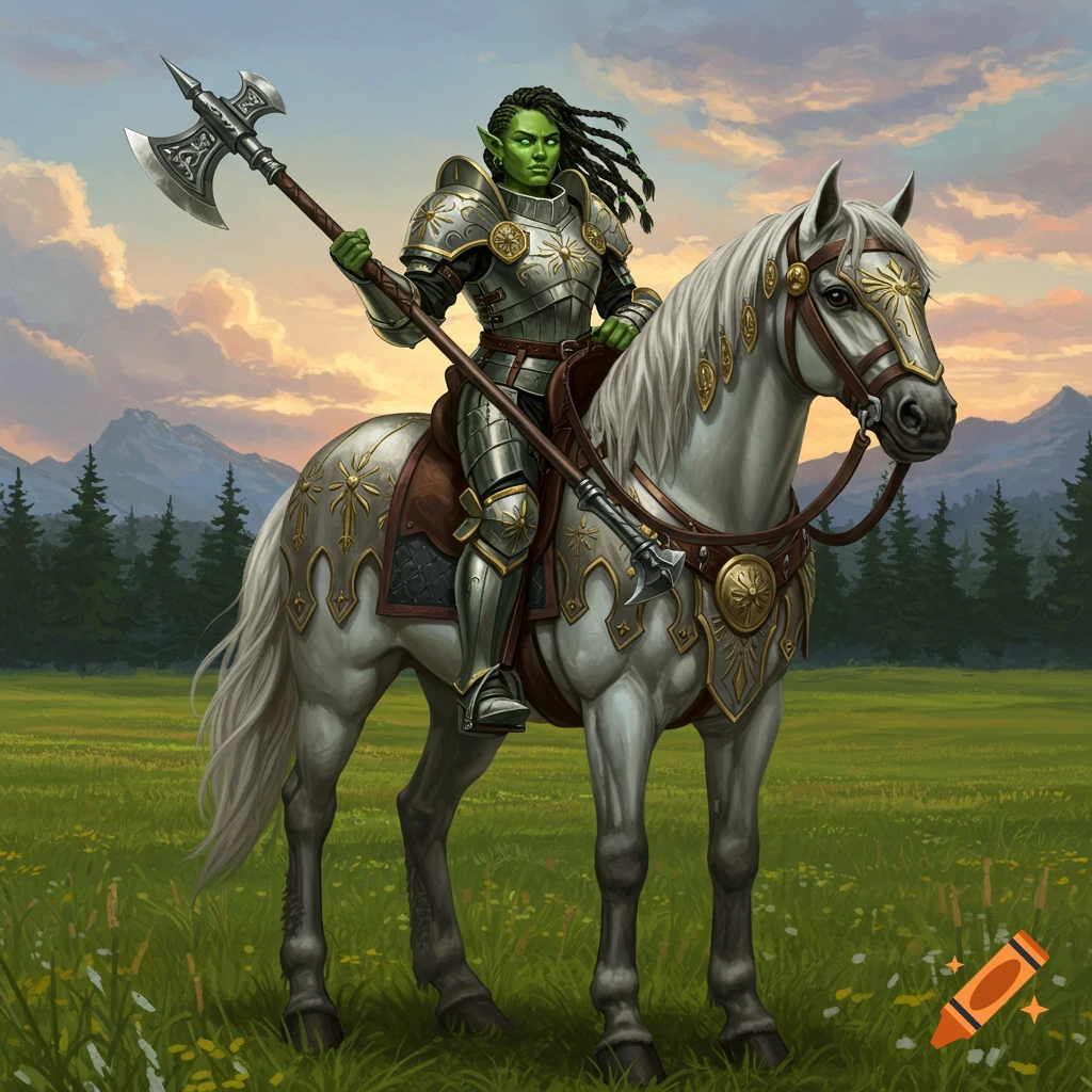 Green female half-orc paladin on horseback with a glaive on Craiyon
