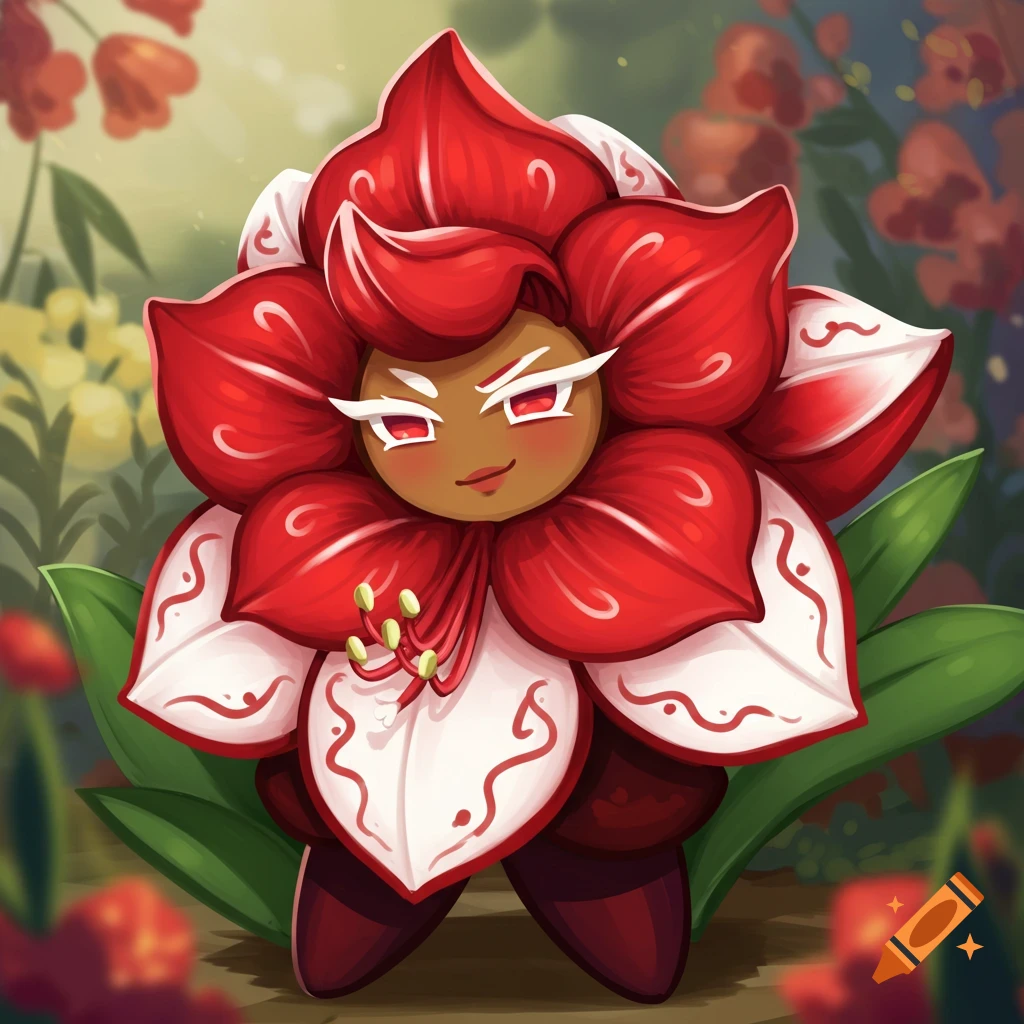 A Cookie Run style character designed as a red and white amaryllis ...