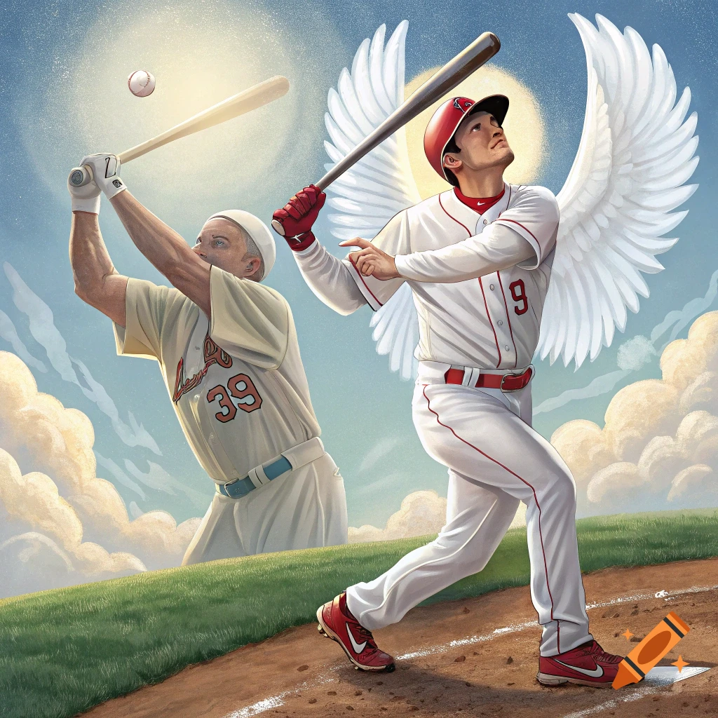 Illustration of two baseball players on a field, one with angelic wings ...