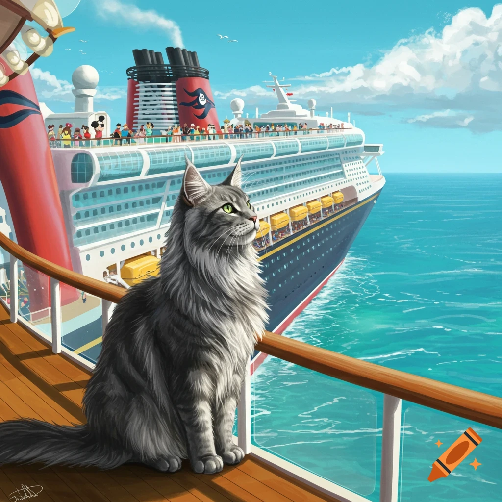A long-haired gray cat watches a cruise ship sail across the ocean. on ...
