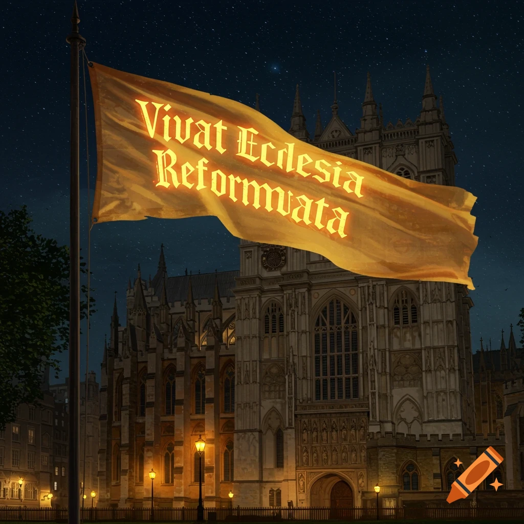 Vivat Ecclesia Reformata in gothic font on flag with Westminster Abbey ...