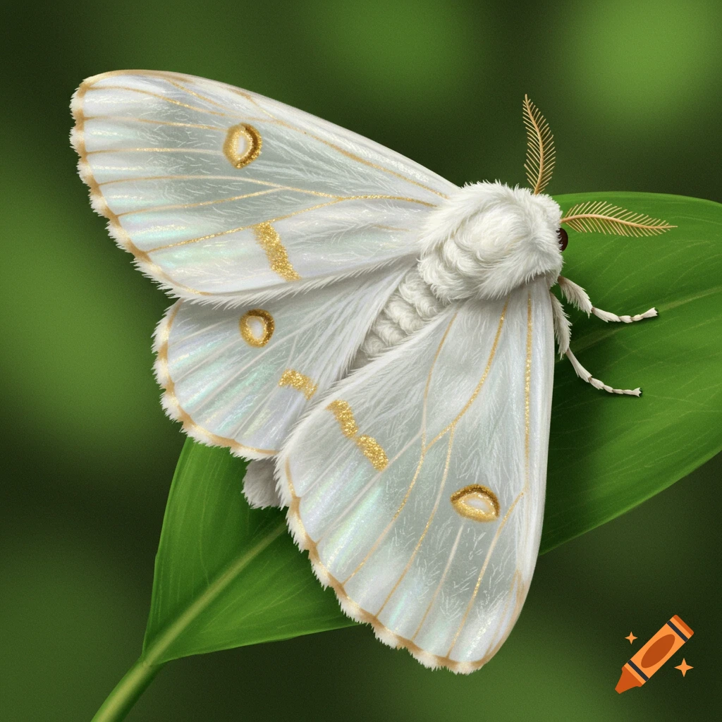 Iridescent white moth with gold markings on Craiyon