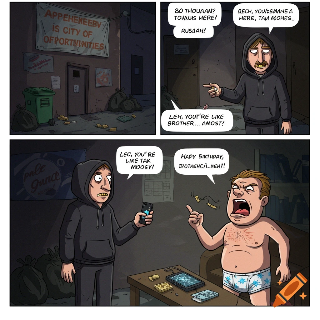 Comic strip depicting a shady deal and betrayal in a dark alley. on Craiyon