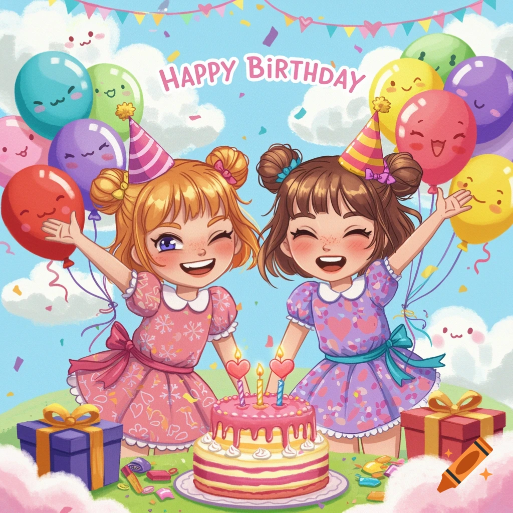 Cute illustration of two happy girls celebrating a birthday with ...