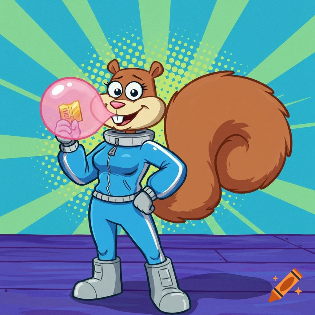 Sandy Cheeks in blue tracksuit with golden ticket, blowing bubble gum ...