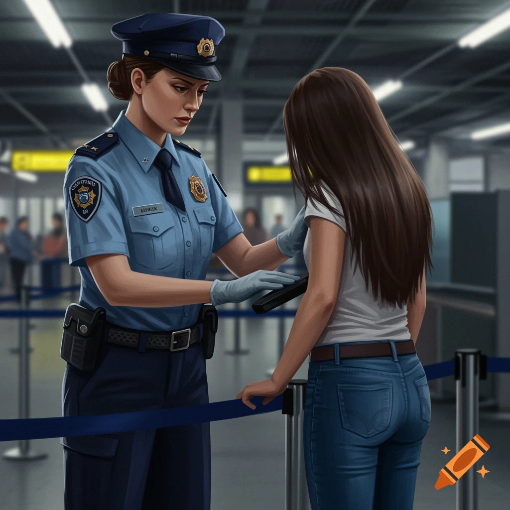 Custom officer performing a pat down on girl on Craiyon