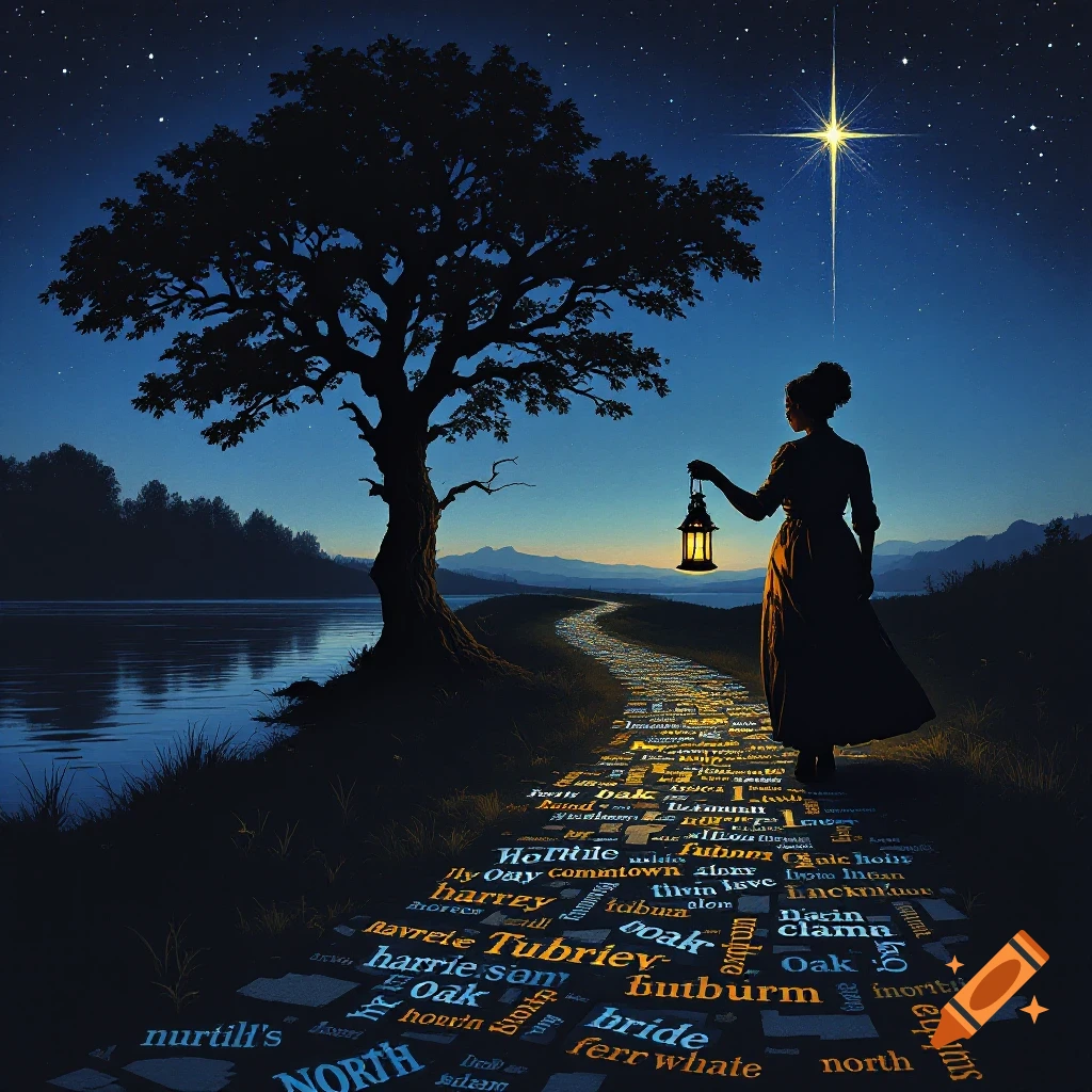 Silhouette of Harriet Tubman at night with lantern and North Star on ...