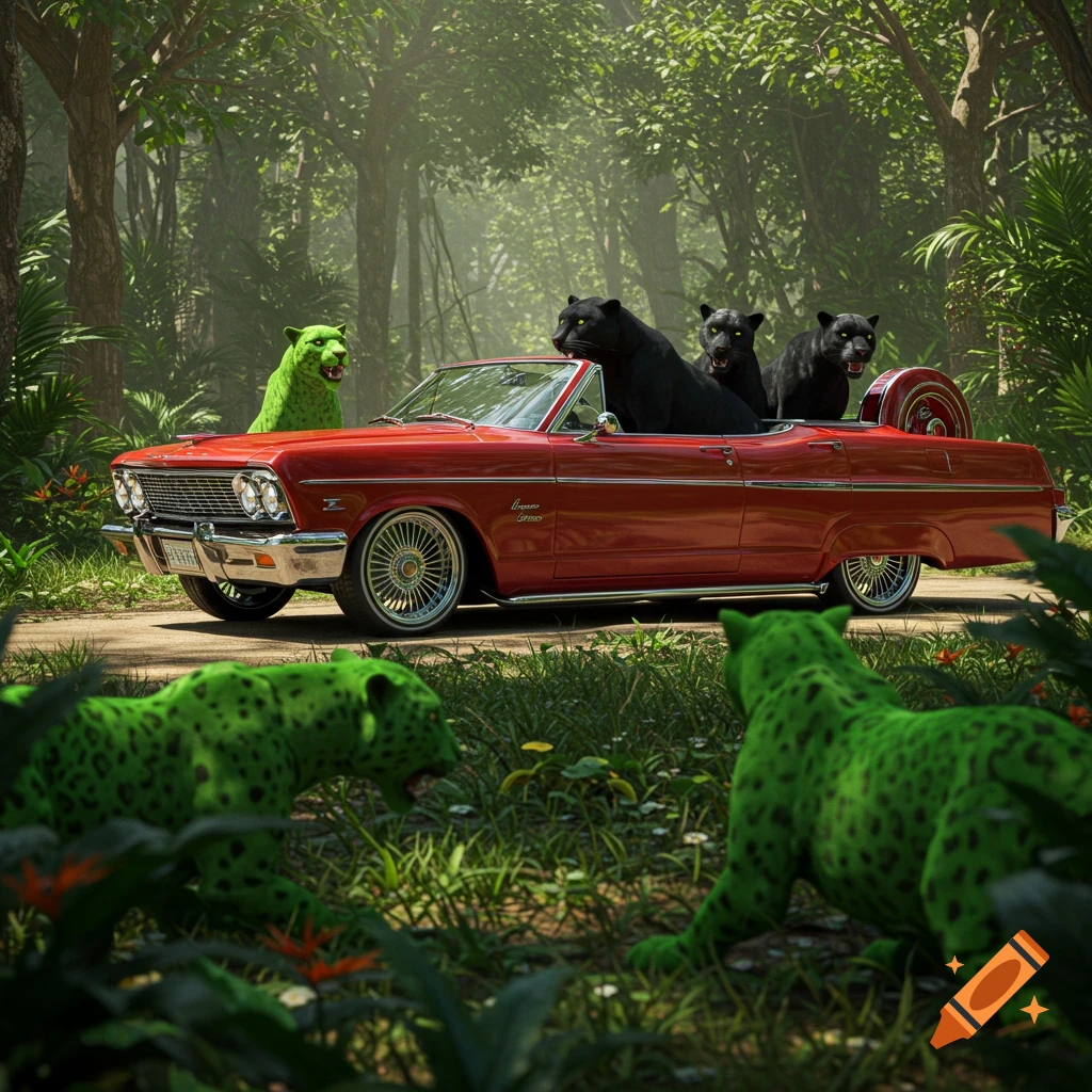 Panthers in red and green low rider cars in the jungle on Craiyon