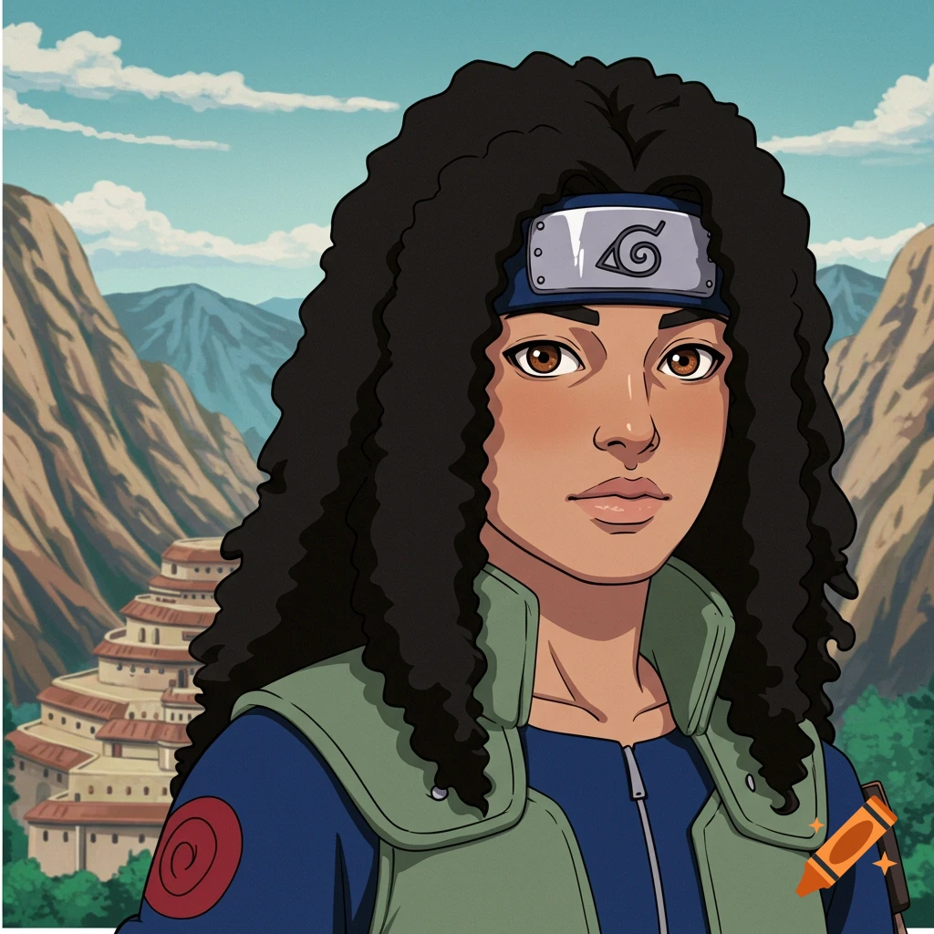 Naruto-style character with long black curly hair, tan skin, brown eyes ...