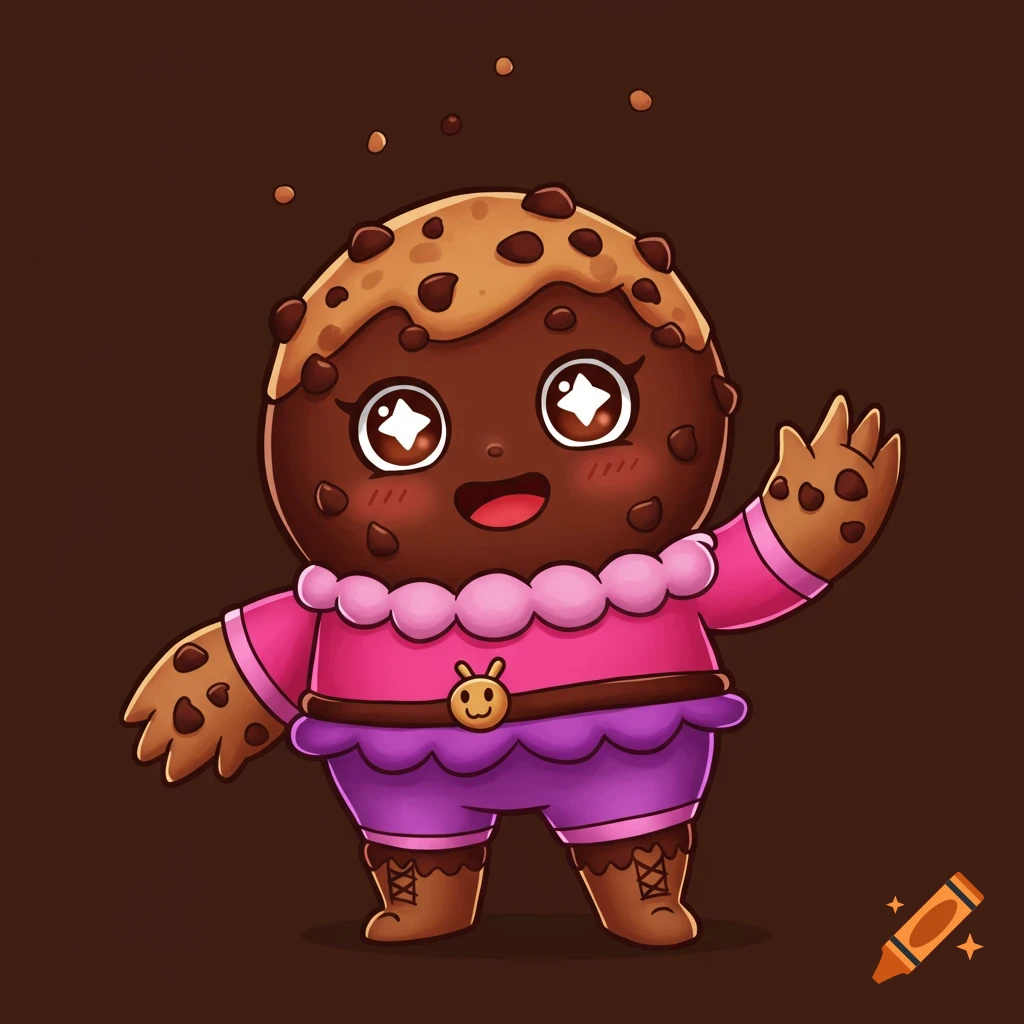 A cute cartoon character based on a chocolate chip cookie, wearing a ...