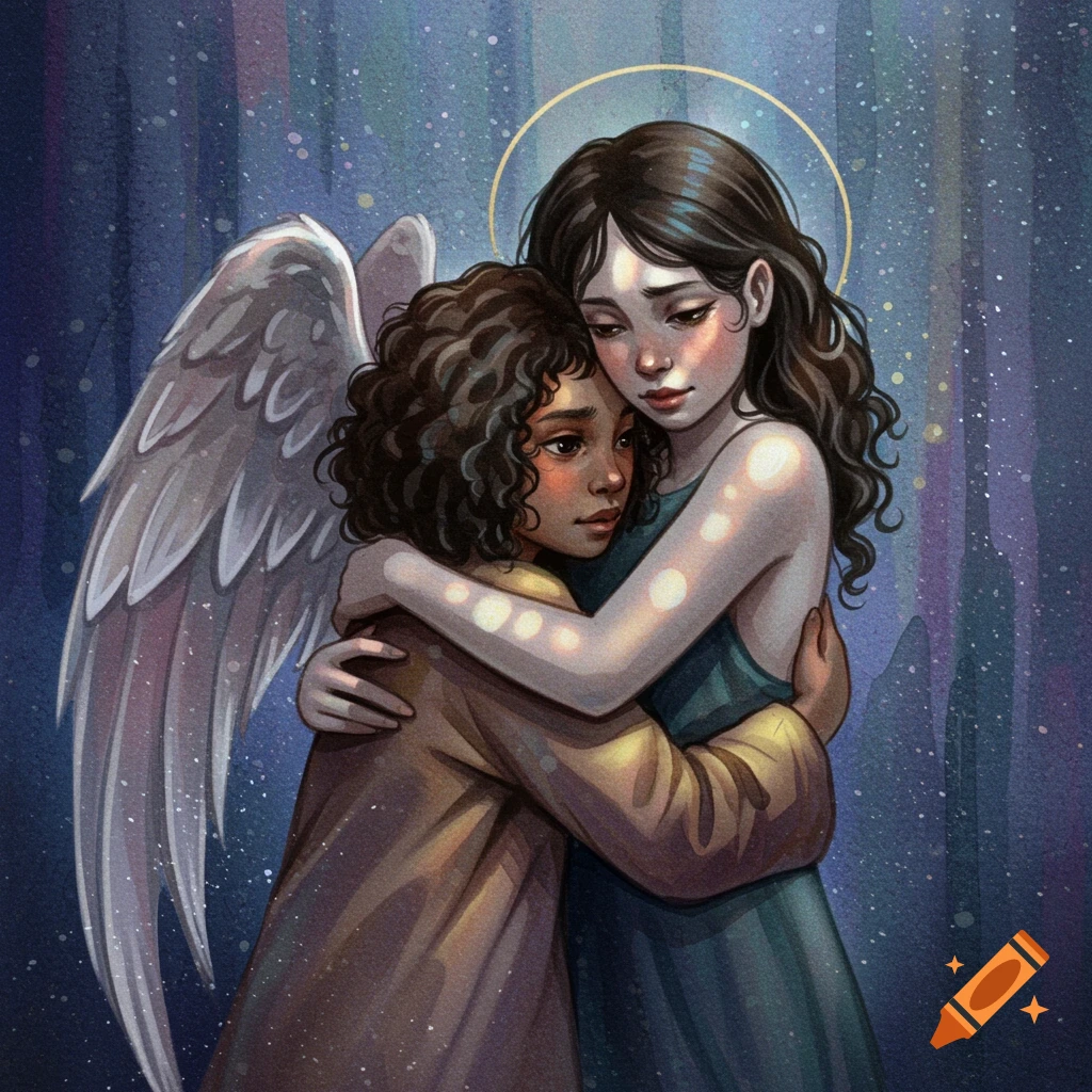 Watercolor illustration of an angel with a halo embracing a girl with ...