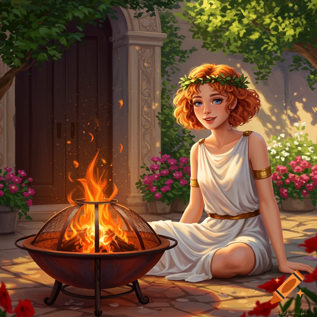 Hestia, Greek goddess, as a young girl with red hair by a fire pit. on ...