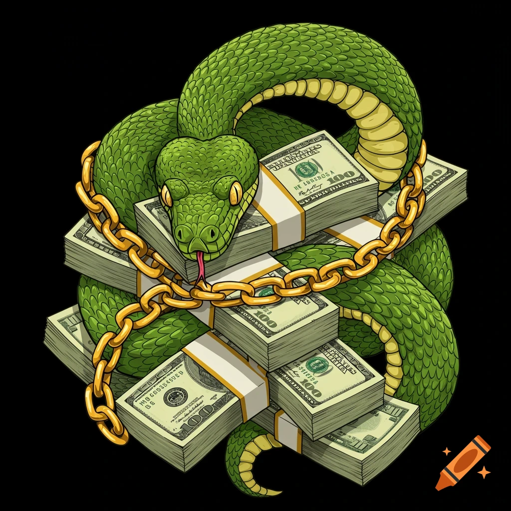 A green snake coiled around stacks of hundred-dollar bills with a gold ...