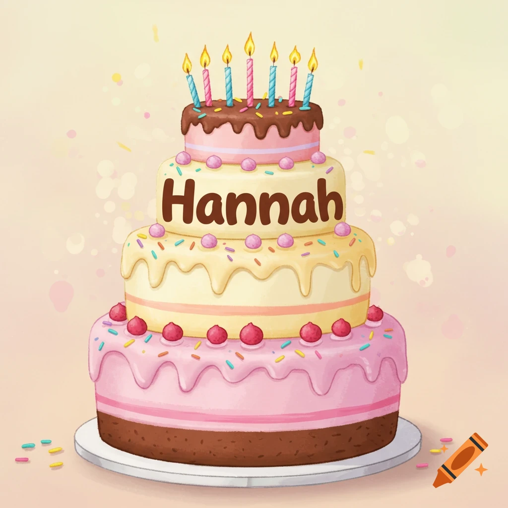 A tiered birthday cake with candles and 'Hannah' written on it. on Craiyon