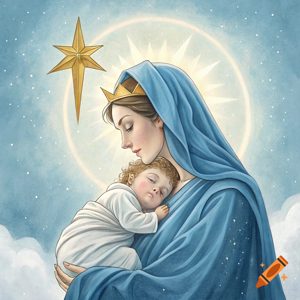 Illustration of Mary holding baby Jesus beneath the star of Bethlehem ...