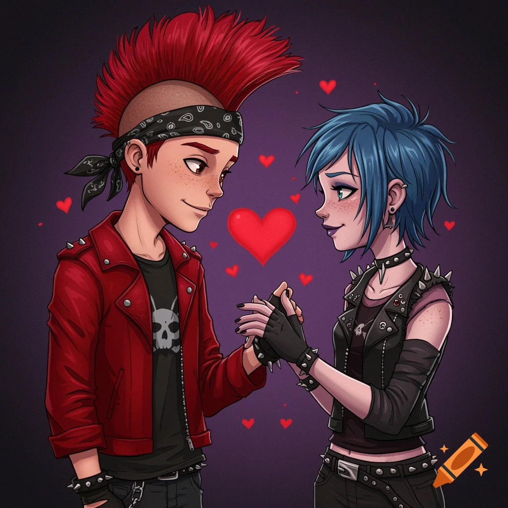 Boy with red mohawk and girl with blue hair in punk style, Disney or ...