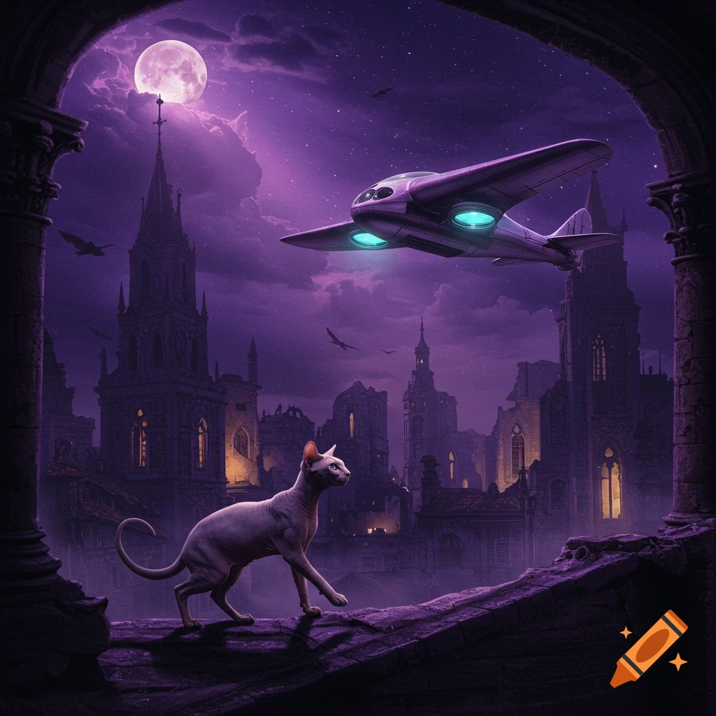 Retro-futuristic painting of a flying saucer abducting a Sphinx cat on ...