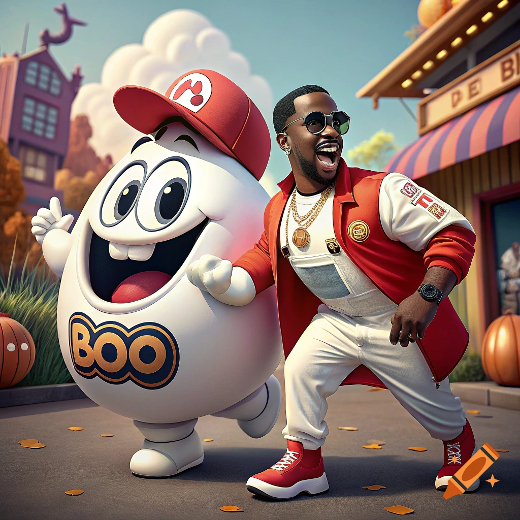 Cartoon character Boo and a man with a red jacket walking outdoors. on ...