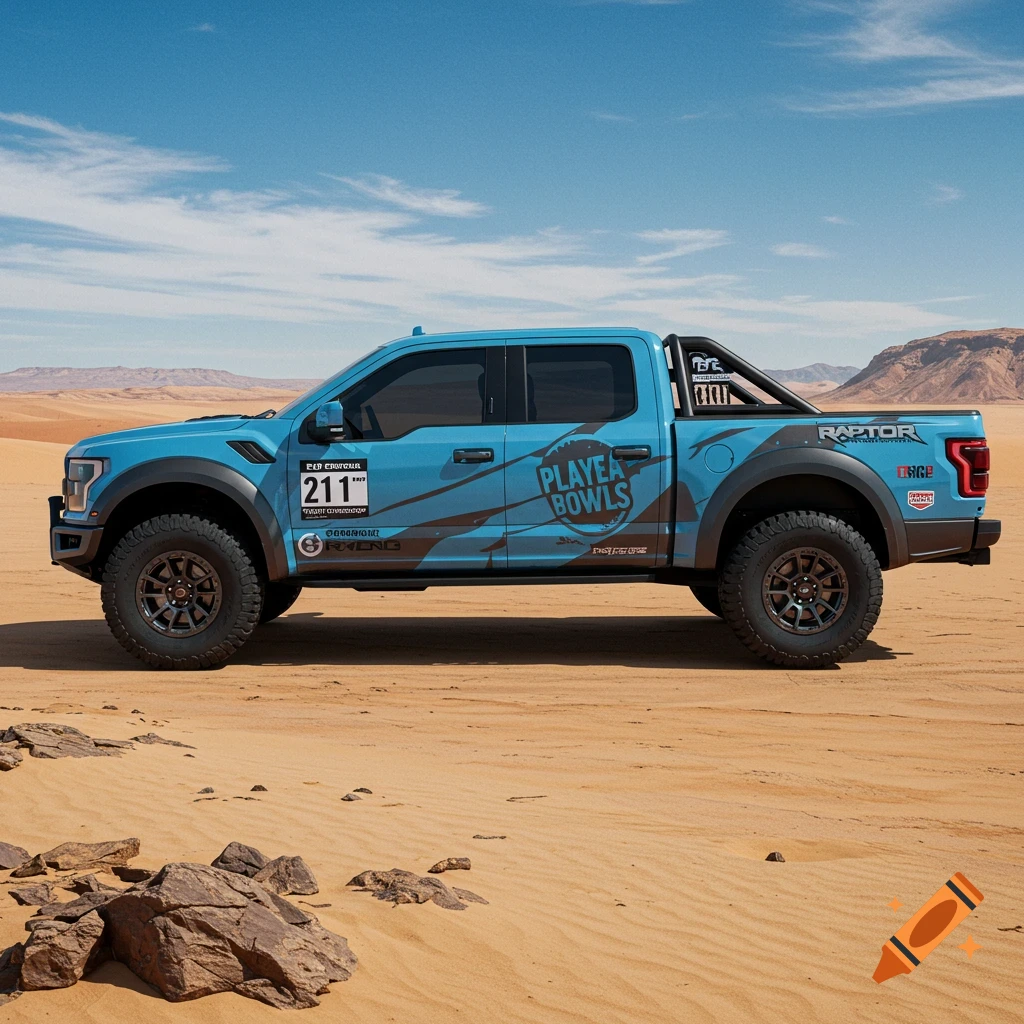 A blue Ford Raptor truck with logos sits in a sandy desert landscape ...
