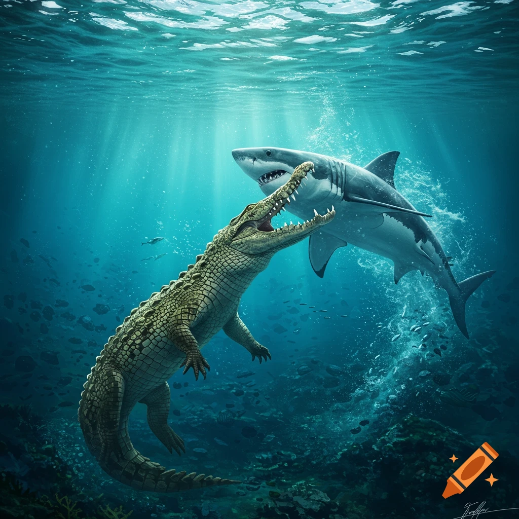 Saltwater crocodile and great white shark battle underwater on Craiyon