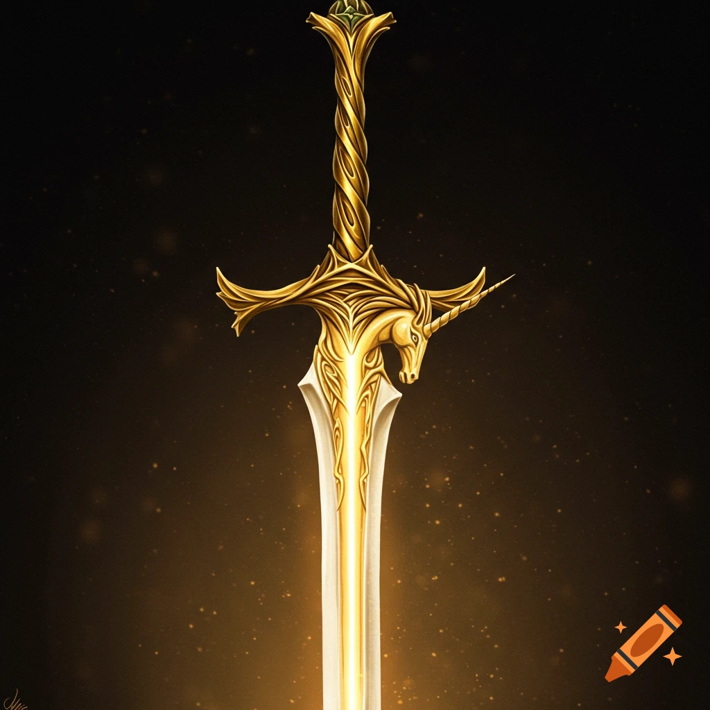 Lord of the Rings style elven sword with golden glow and unicorn hilt ...