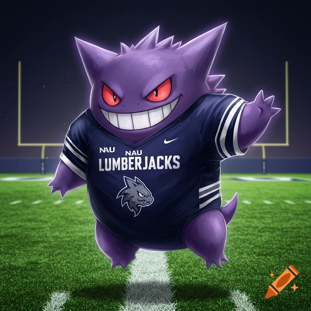 Gengar Pokémon wearing a navy blue NAU Lumberjacks football jersey on ...