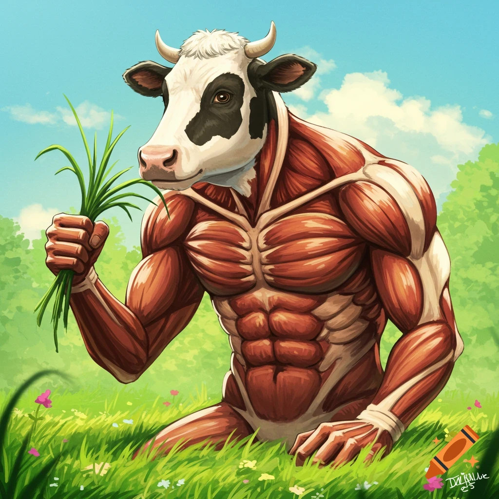 A muscular creature with a cow head is sitting in a field holding grass ...