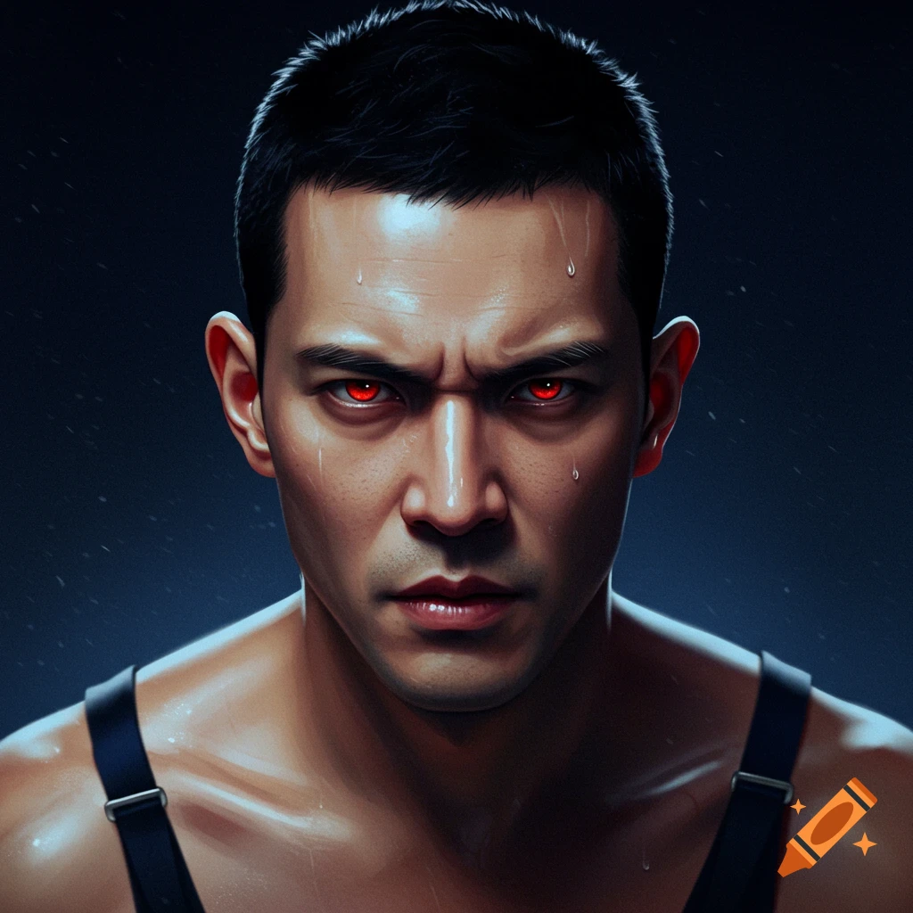 Man with black hair, red eyes, in a black strap shirt on Craiyon