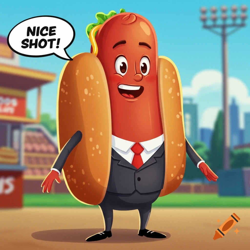 Animated hot dog businessman saying nice shot on Craiyon