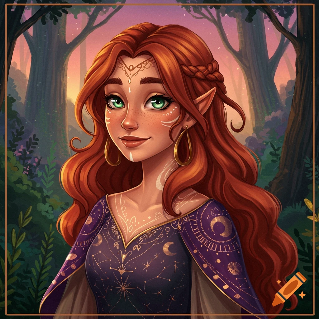 A fantasy character with red hair, elf ears, and a red winter dress ...