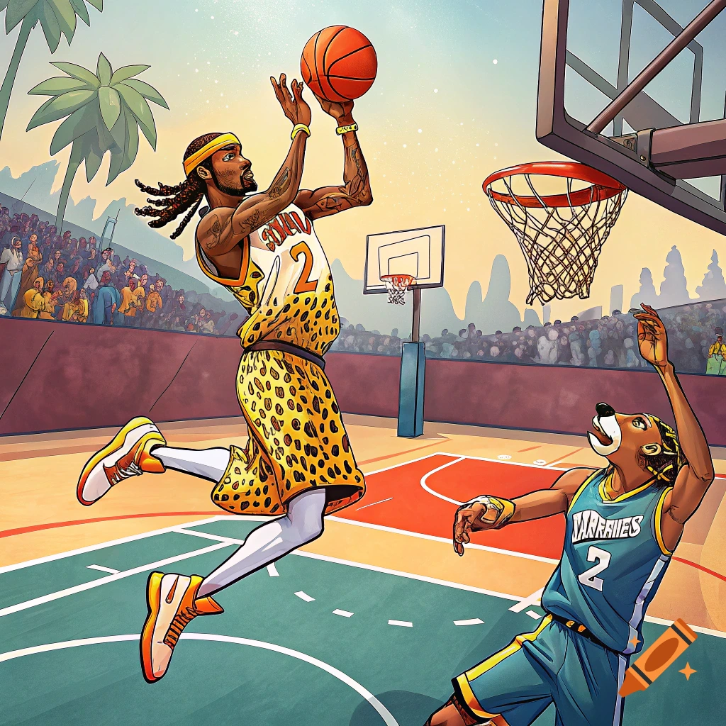 A powerful Bigfoot dunks a basketball over a T-Rex on a basketball ...