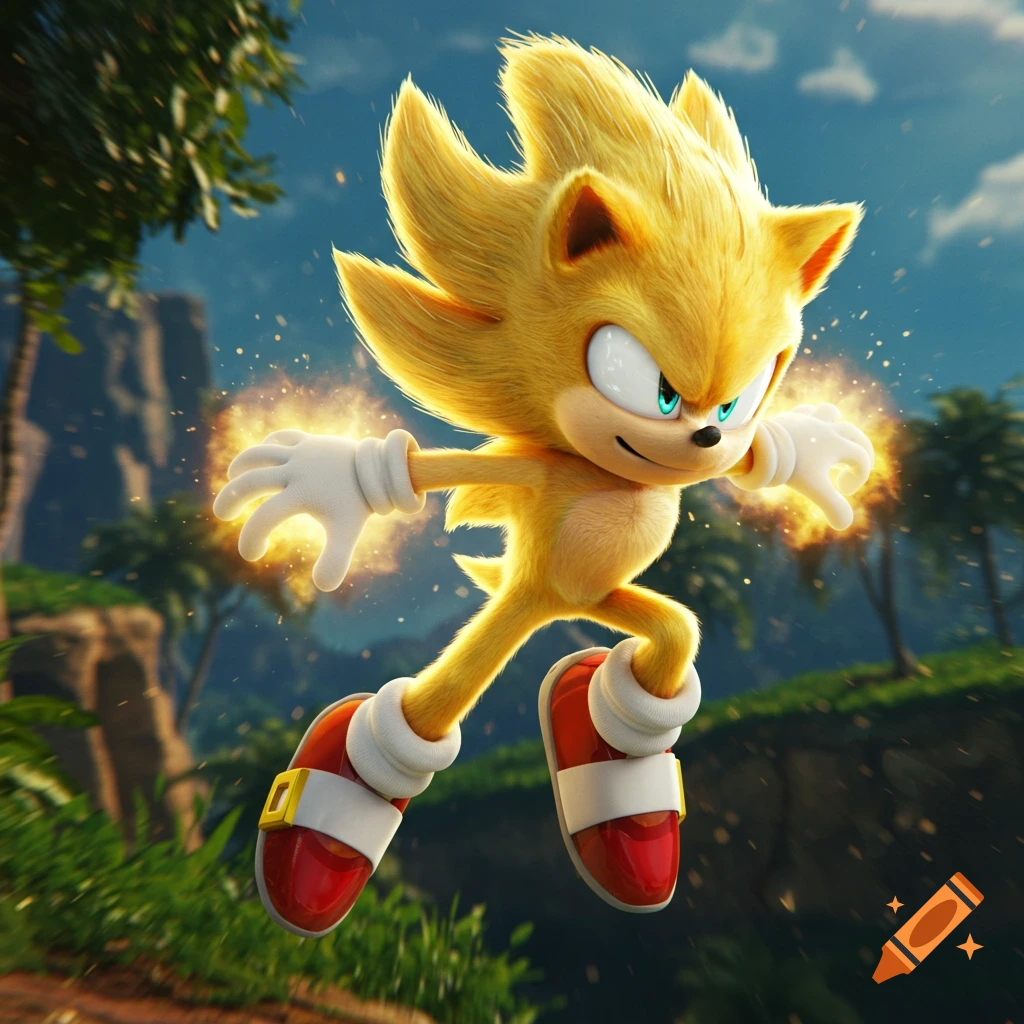 Super Sonic flying in a jungle with glowing hands on Craiyon