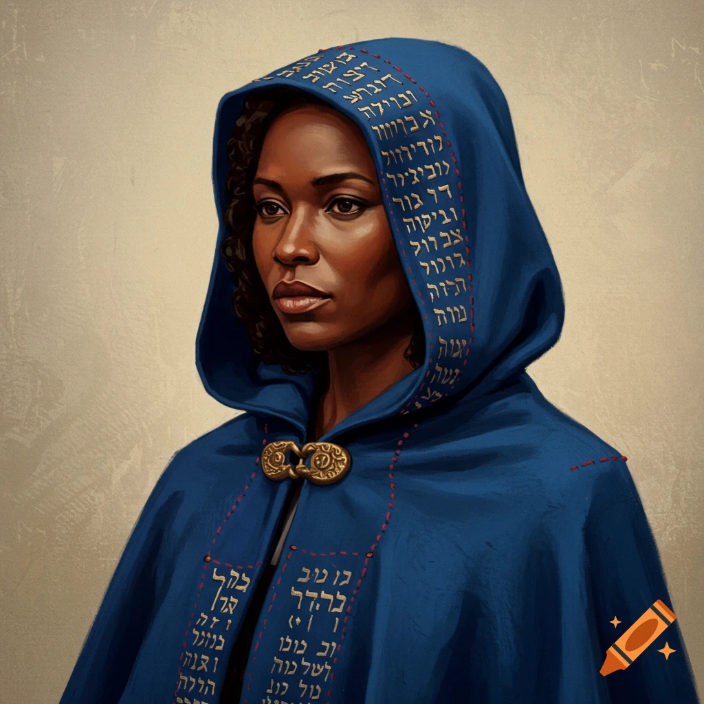 African American woman in blue cloak with Hebrew text on Craiyon