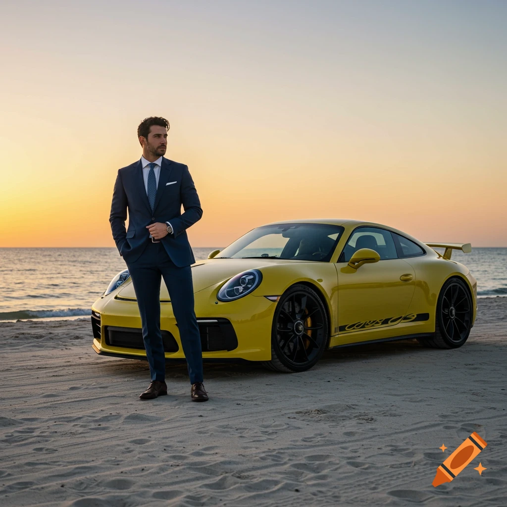 A well-dressed man stands next to a yellow Porsche 911 GT3 on a beach ...