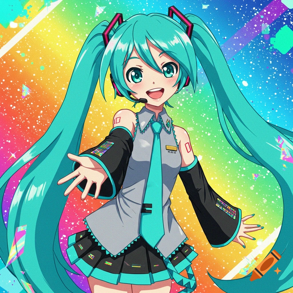 Anime illustration of Hatsune Miku singing into a microphone, making a ...