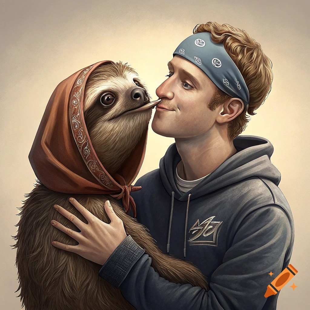 Illustration of a man wearing a headband and hoodie kissing a sloth ...
