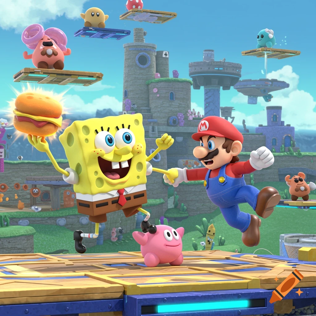 3D render of SpongeBob and Mario fighting in Super Smash Bros on Craiyon
