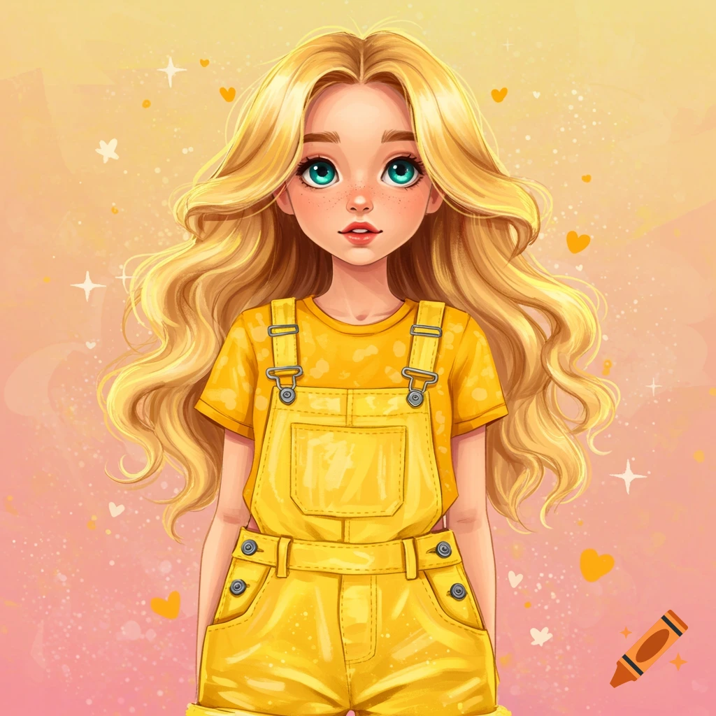Digital art of a girl with blonde hair in yellow overalls on Craiyon