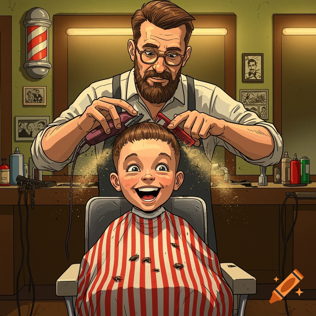 A barber with a red mohawk gives a man a haircut in a stylized ...