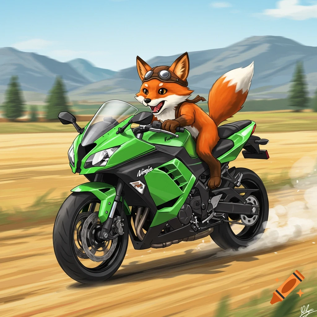 A red fox wearing goggles rides a green Kawasaki Ninja motorcycle on a ...