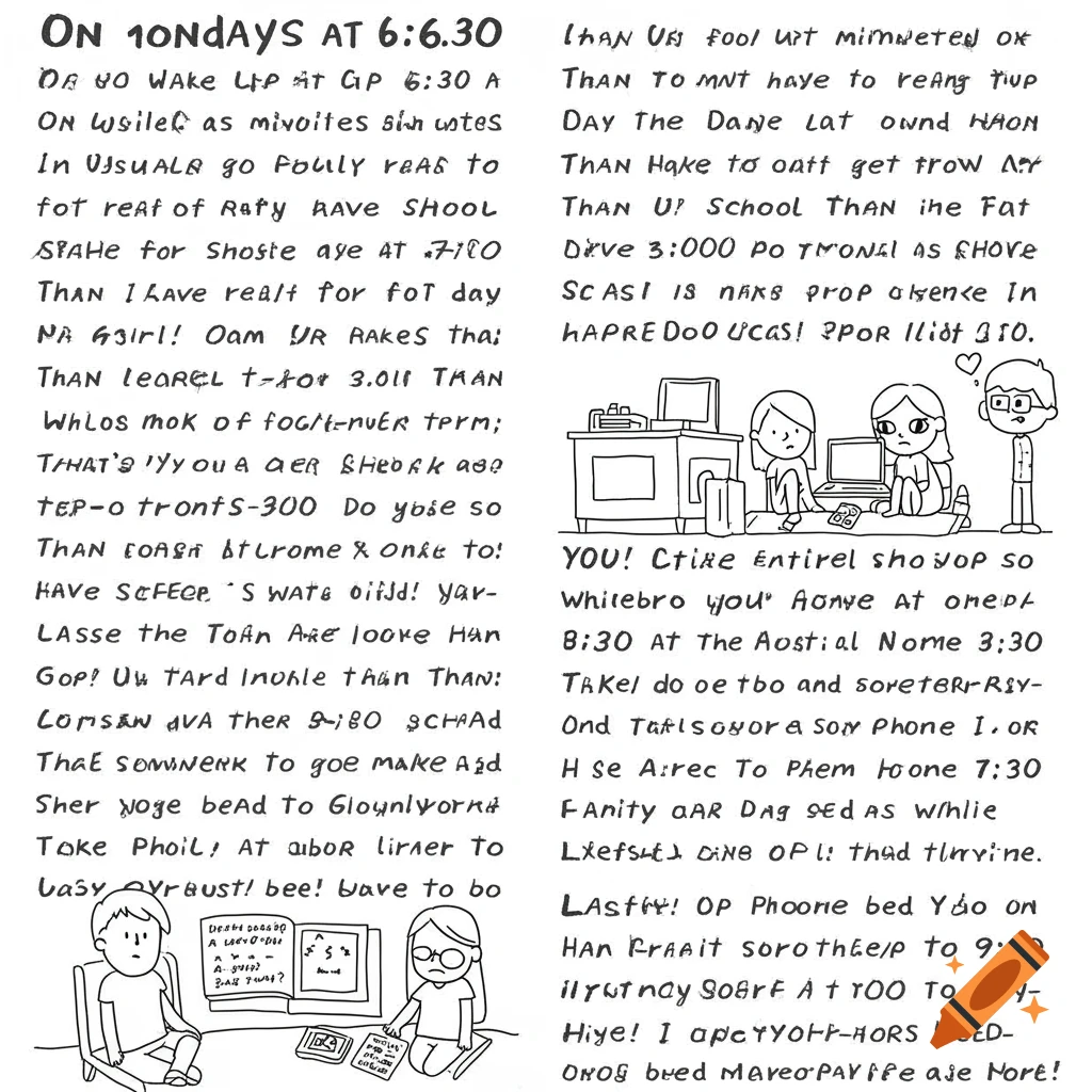 Stick figure comic strip depicting a daily routine on Craiyon