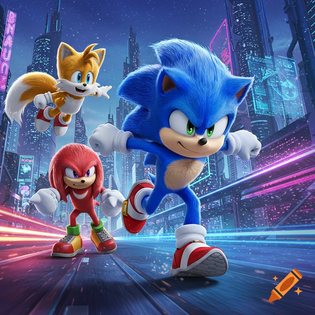 Sonic, Tails, and Knuckles run on a road in a futuristic neon city. on ...