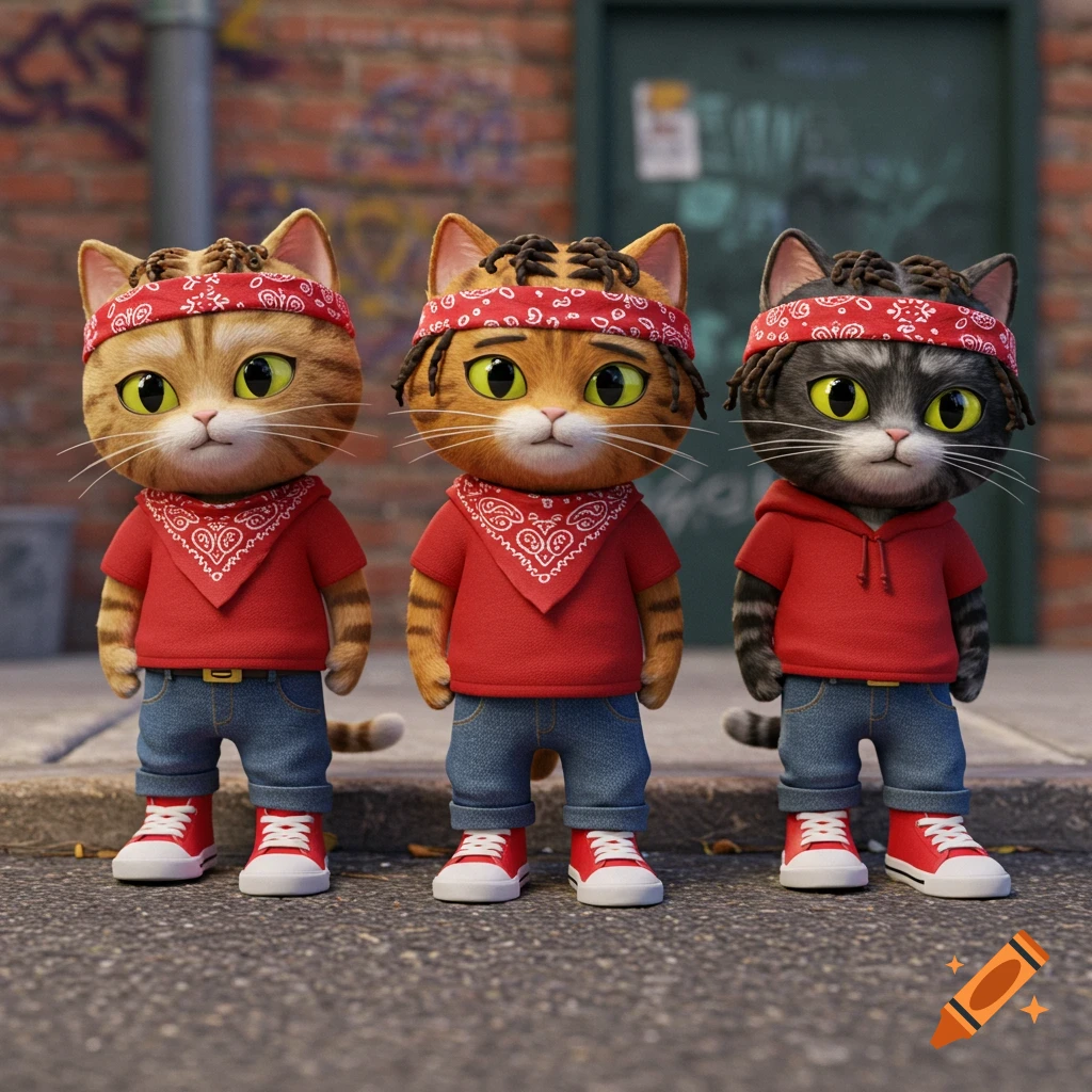 Three cats dressed as gang members, Pixar animation style on Craiyon